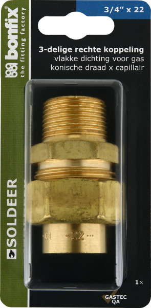 Bonfix 3-piece straight coupling 3/4 x 22 - with flat seal for gas ...